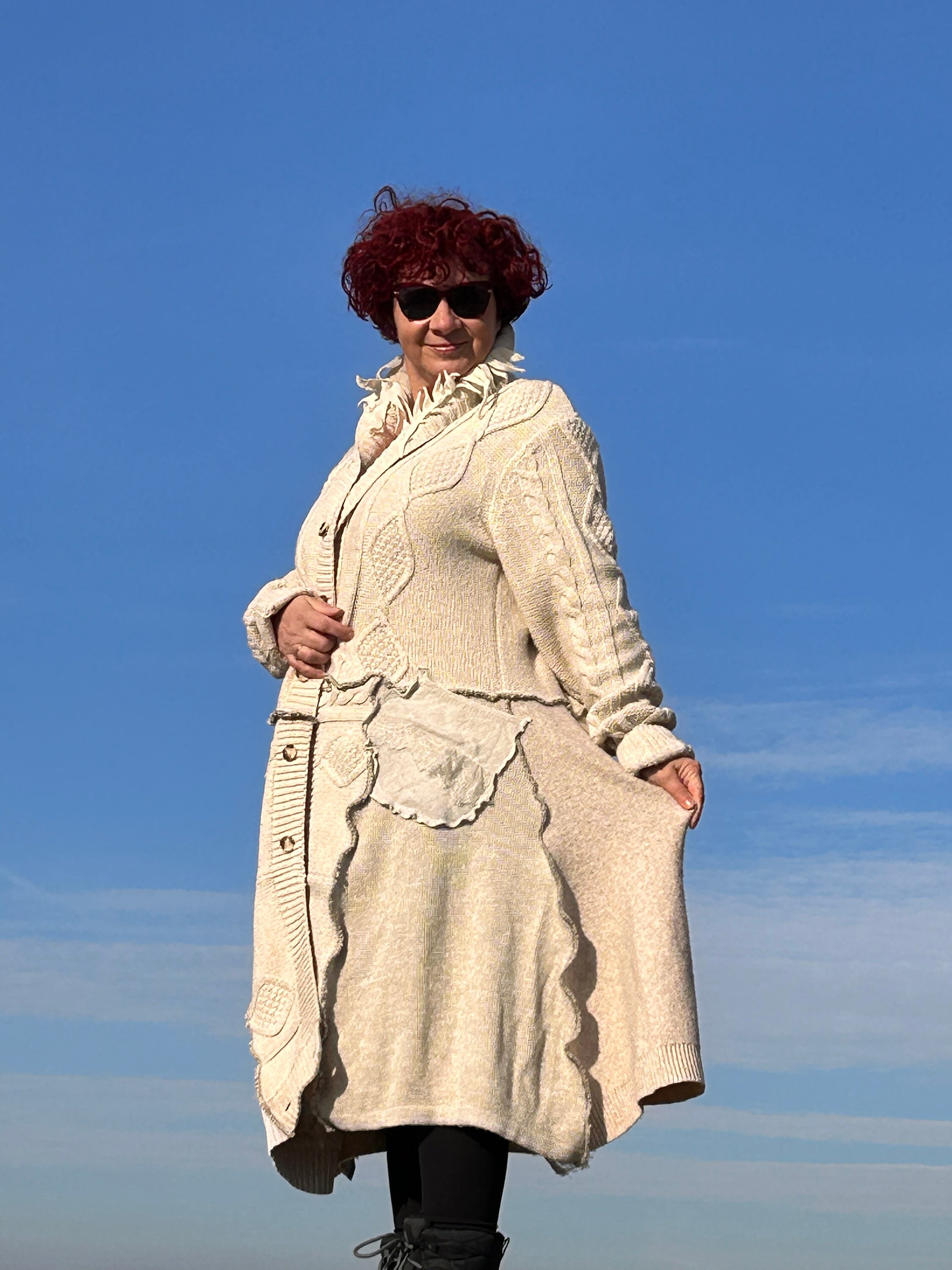 Lucky Girl Coat Long Off-white Patchwork Cardigan Coat One Size Cotton ...