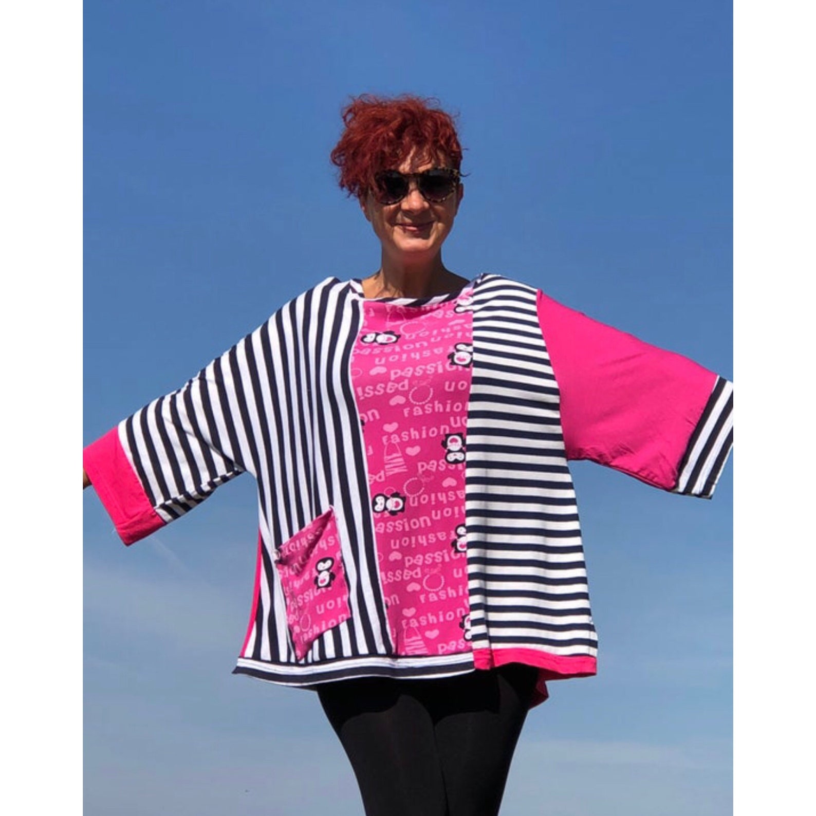 Hot Pink Penguin Fun Tunic Top L to 4X Wearable Art Funky Boho Cotton ...