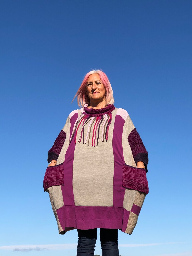 Purple & Gray Poncho Sweater Tunic Patchwork Streetwear Unique | Etsy