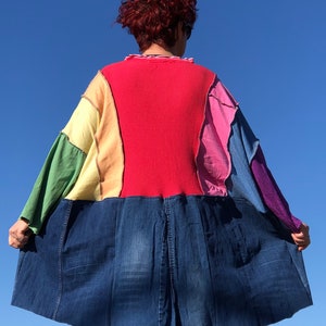 Rainbow Top Blue Denim Patchwork Plus-size Dress With Pocket Handmade ...