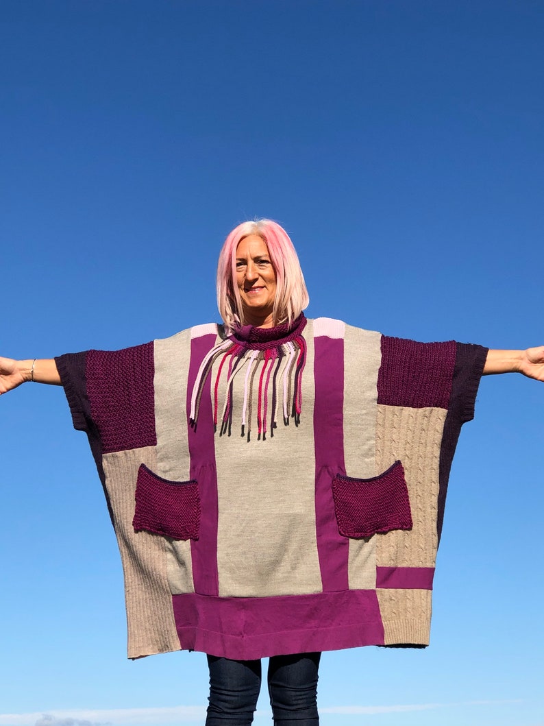Purple & Gray Poncho Sweater Tunic Patchwork Streetwear Unique - Etsy