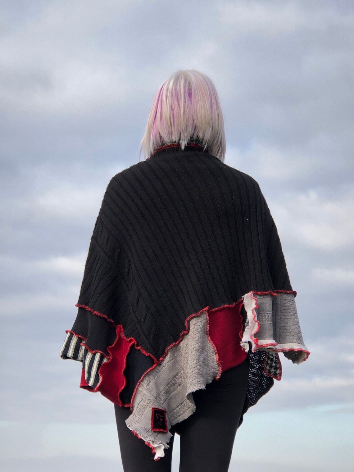 Black White Red Poncho Triangle Poncho for Women Upcycled | Etsy