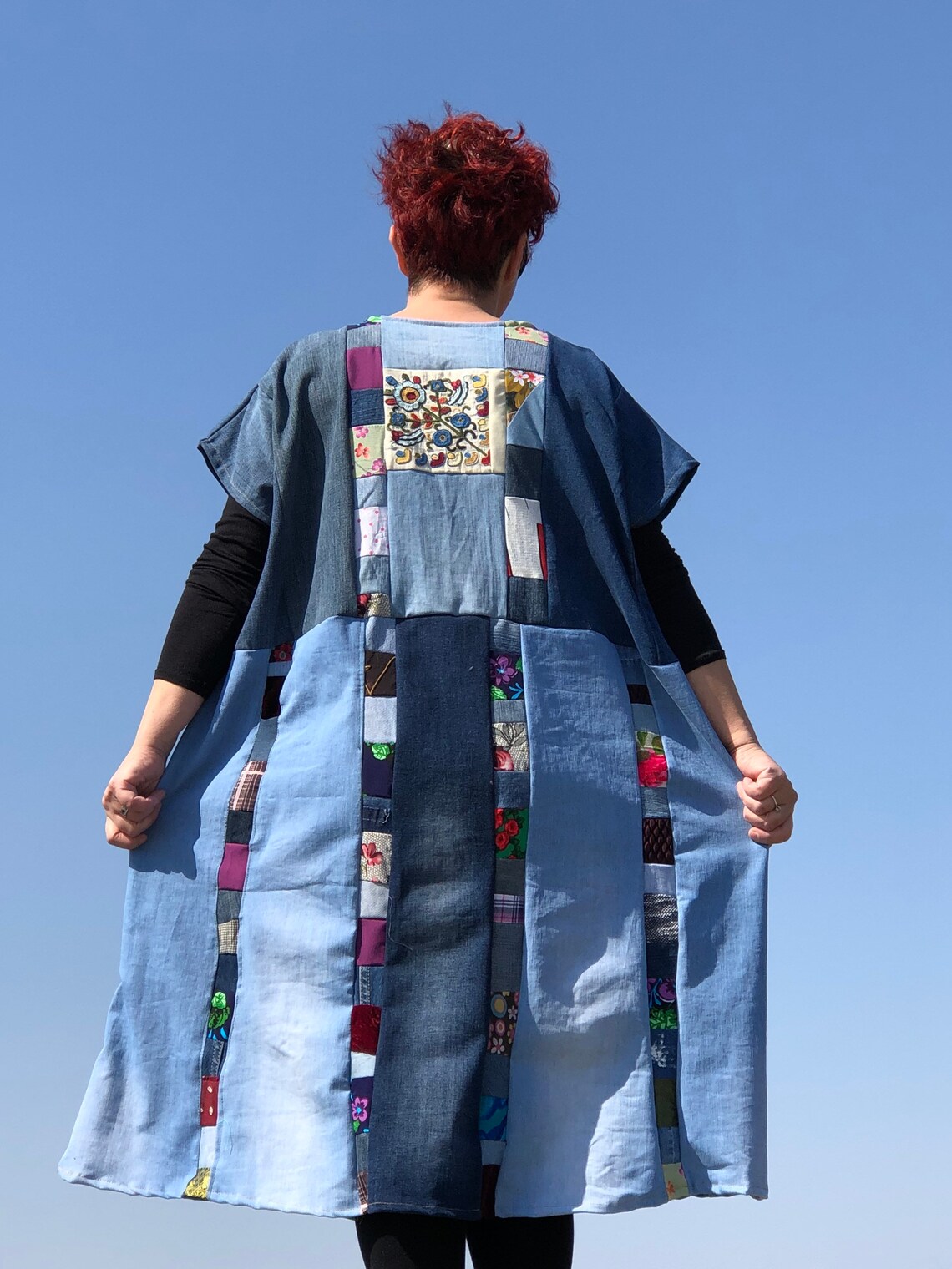 Denim Midi Dress Patchwork Plus Size Colorful Pattern Blue | Etsy