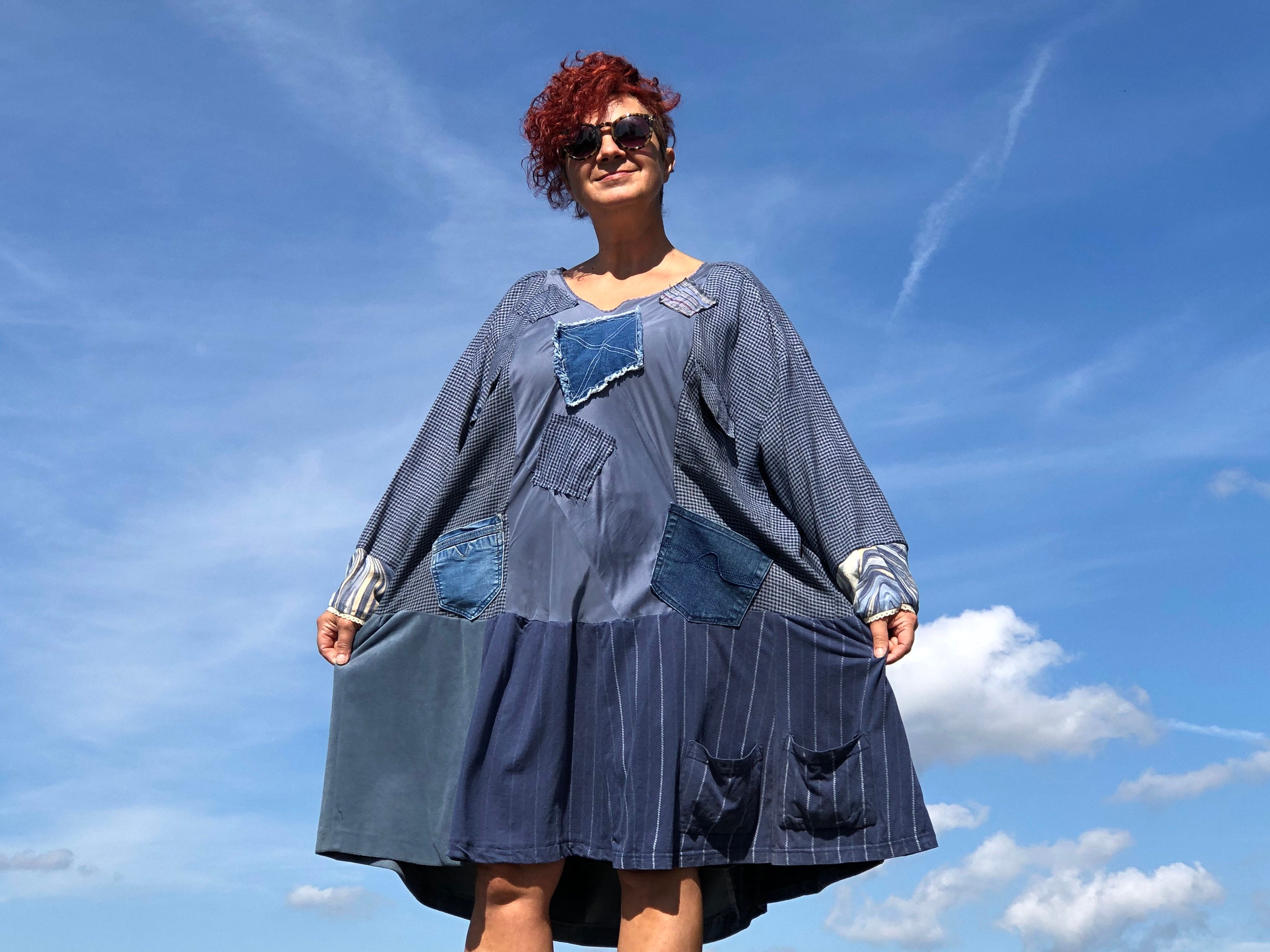 Blue Midi Plus Size Dress With Denim Pockets Unique Handmade Upcycled ...