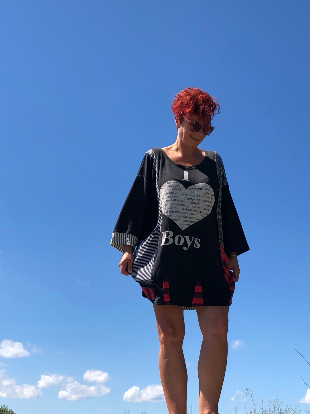 Black & Red Tunic Dress Woman's Plus Size Handmade Unique Cotton Print ...