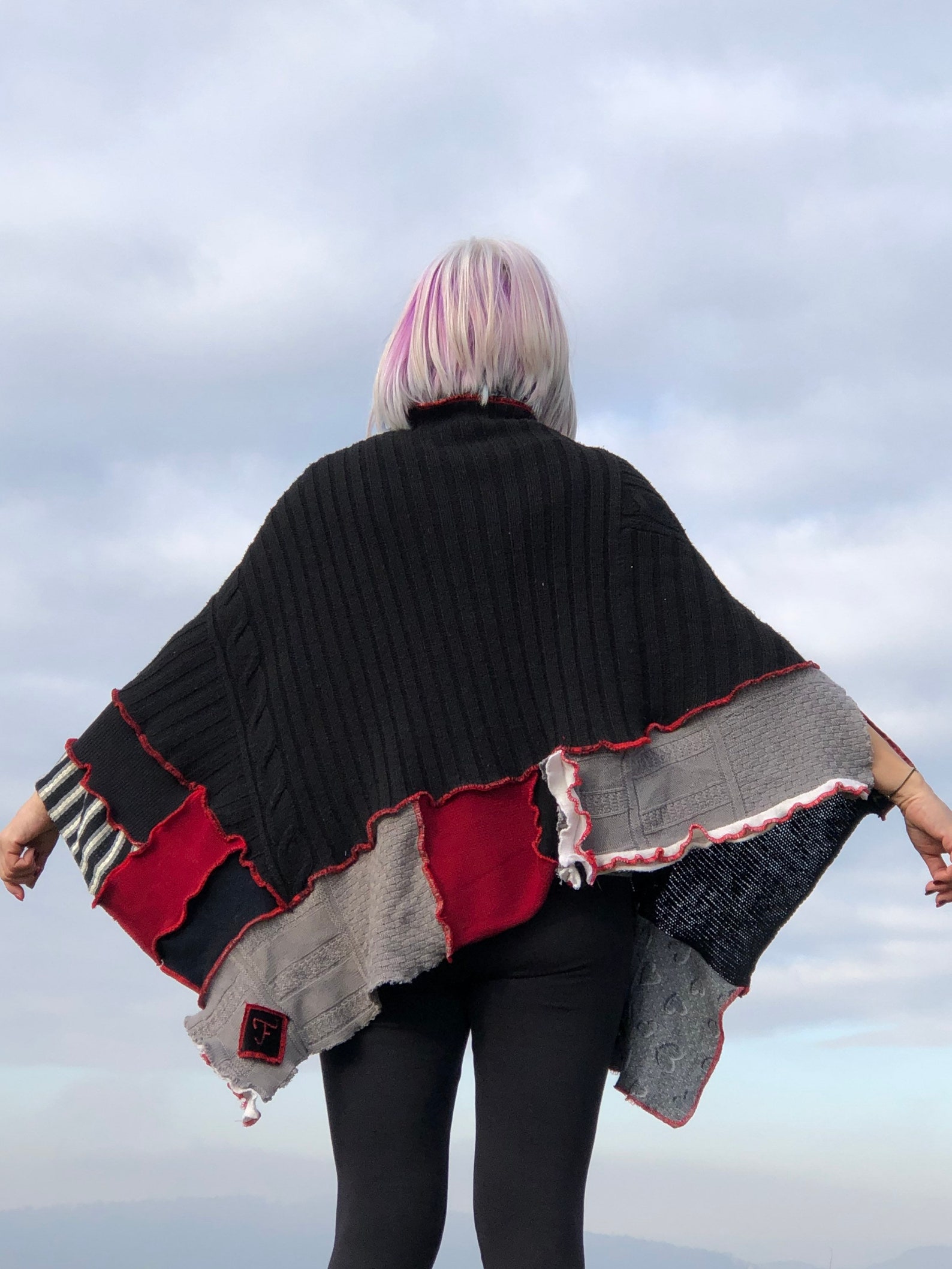 Black White Red Poncho Triangle Poncho for Women Upcycled - Etsy