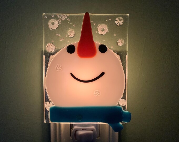 1 Fused Glass Winter Snowman Lookin up With Blue Scarf Night Light - Etsy