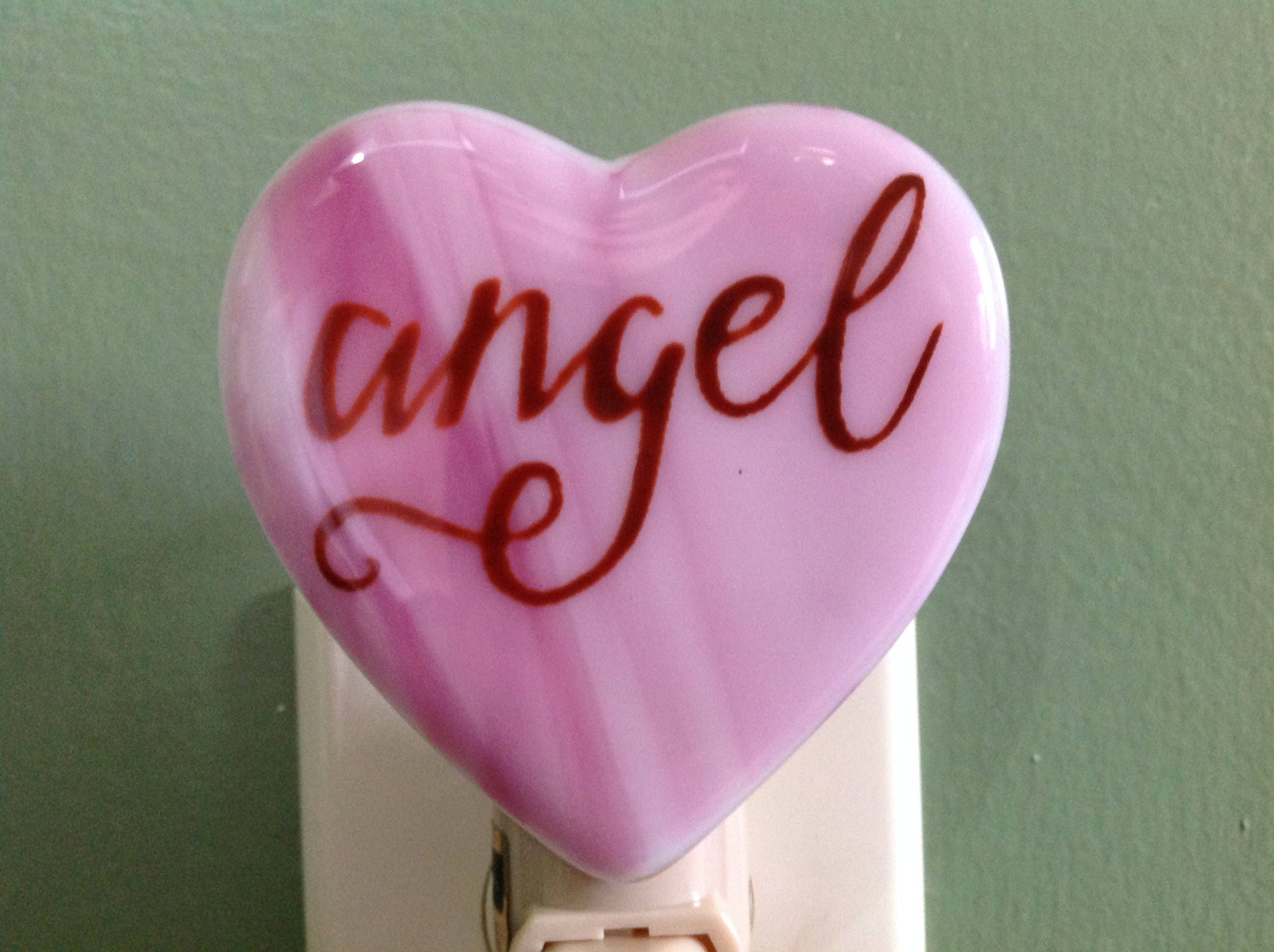 Pink Heart Fused Glass Plug In Angel Night Light | Etsy