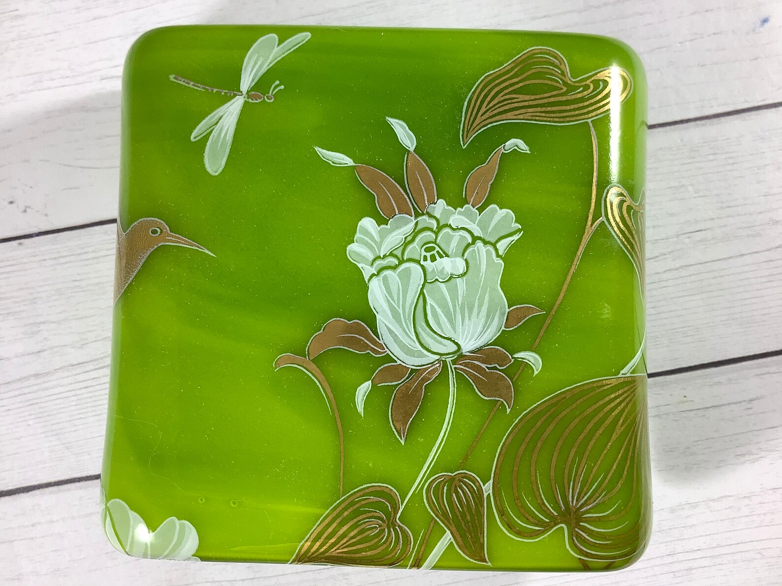 White and Gold Flower Fused Glass Green Plug in Hummingbird Night Light ...