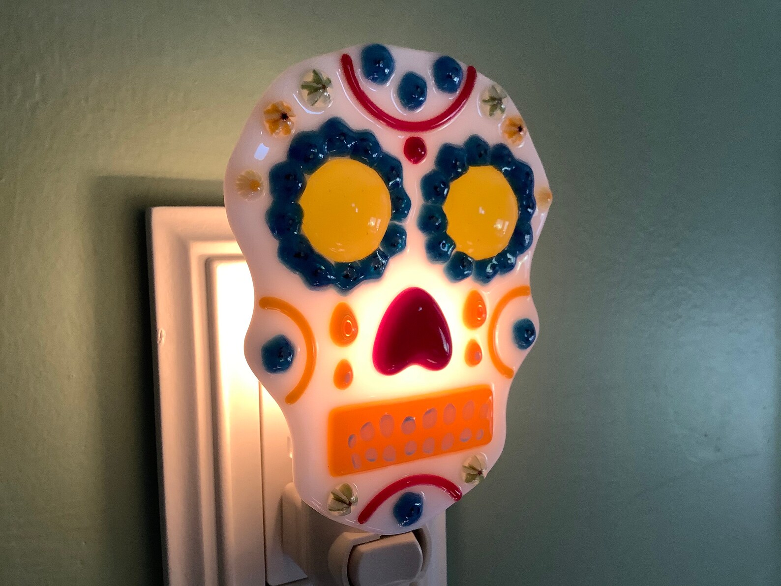 1 Sugar Skull Night Light in Fused Glass Yellow and Blue - Etsy