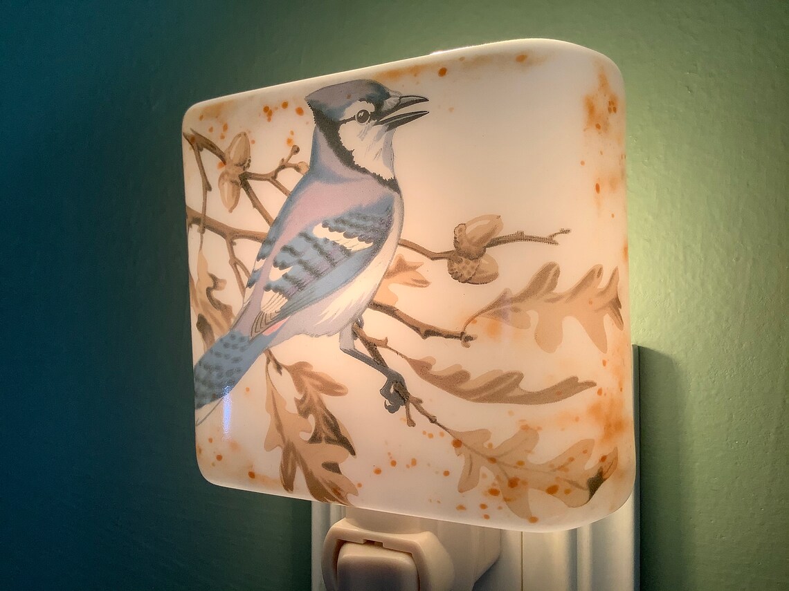 Blue Jay Fused Glass Plug In Bird Night Light with Draped | Etsy