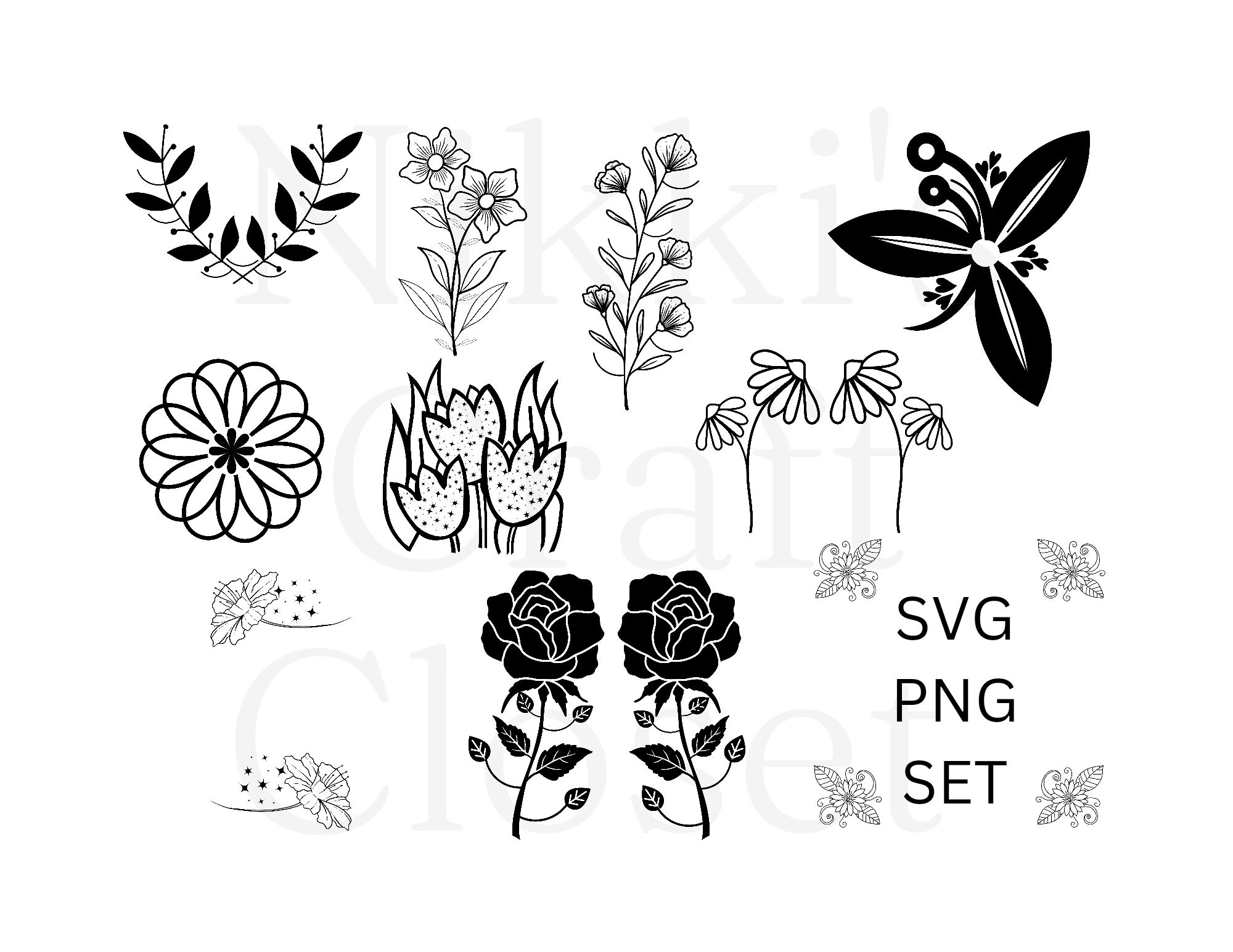 Flower Svg Bundle of 20 Floral Svg Set Vine Svg Cactus Svg Plant Svg ...
