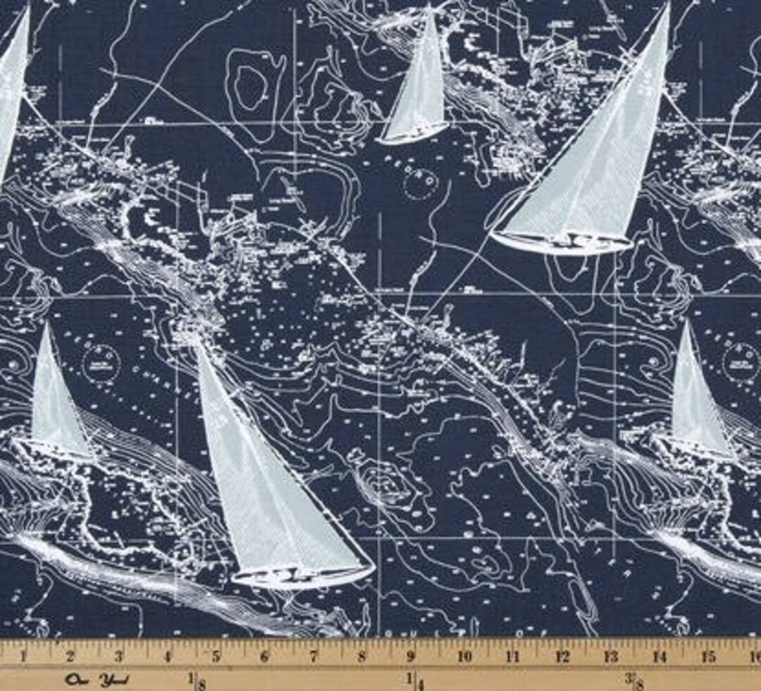 Sailboats Fabric by the BOLT Blue Navy Nautical Maps Premier Prints ...