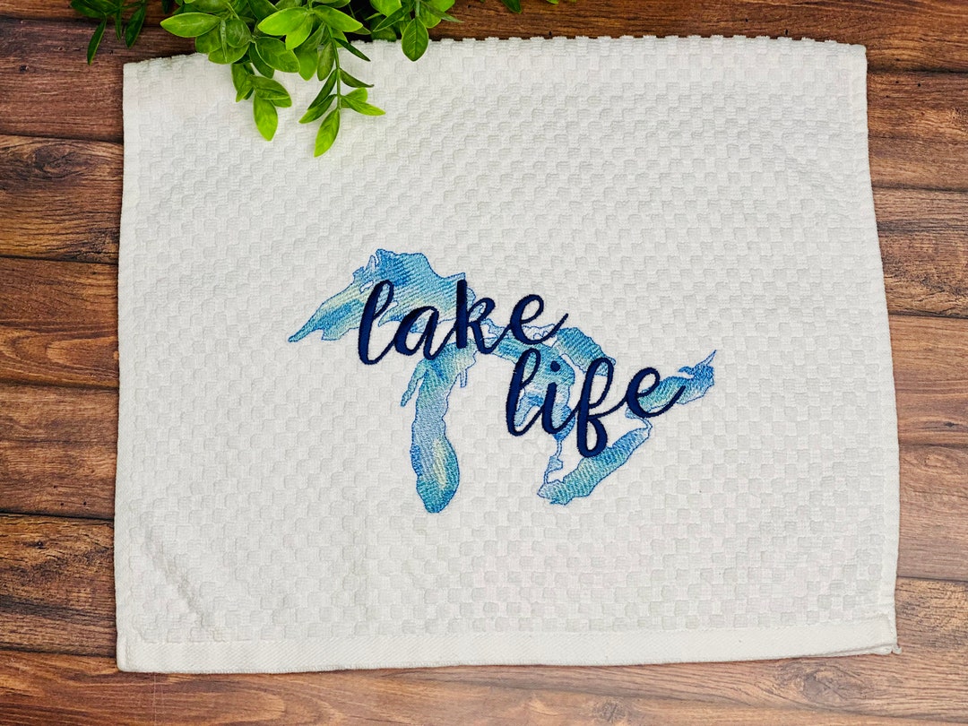 Lake Life Embroidered Waffle Weave Pure Cotton Super Absorbent Kitchen ...