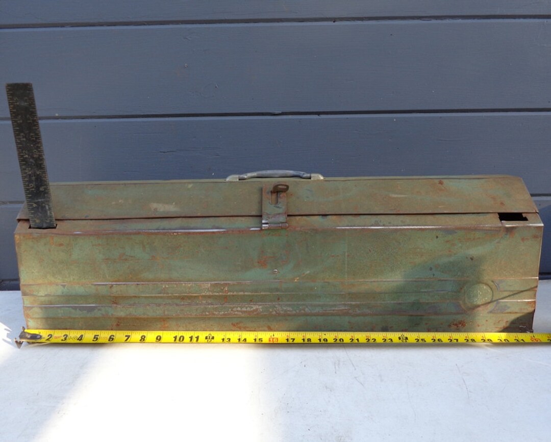 Vintage Steel CARPENTER TOOL BOX 32" Hip Roof Style With Level Holder ...