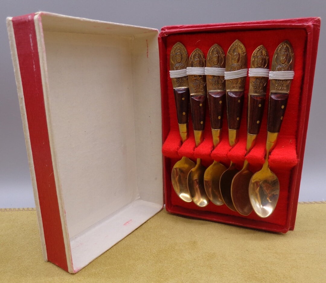 Vintage SIAM Thailand Nickel Bronze With Wood Miniature Spoons Complete ...
