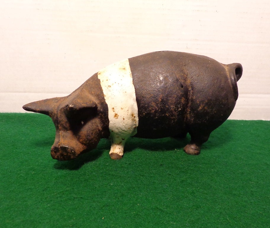 Vintage Cast Iron Large Rustic Piggy Bank and Small Cast Iron Pig on ...