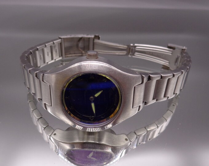 Vintage Rare Fossil 90s BIG TIC JR-7977 Stainless Steel Chinese Characters Wrist Watch Indigo ...
