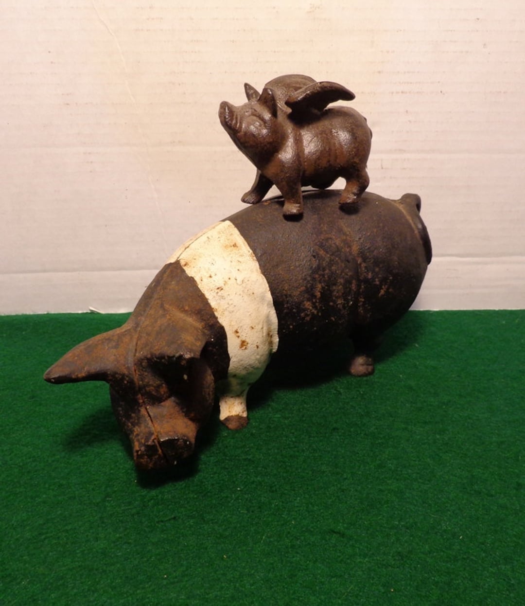 Vintage Cast Iron Large Rustic Piggy Bank and Small Cast Iron Pig on ...
