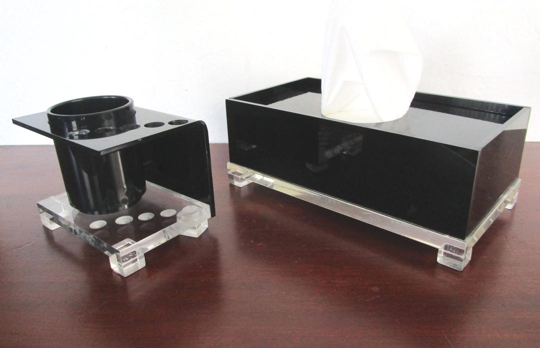 Vintage 1970s Lucite Bathroom Set – Black & Clear Acrylic Tissue Box ...