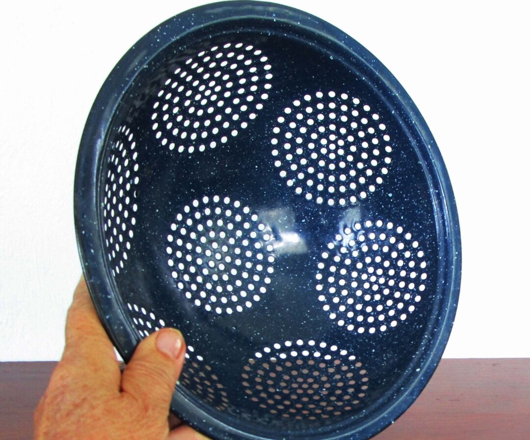 Cobalt Blue Enamel Colander Vintage Circles Design Footed Enamelware ...