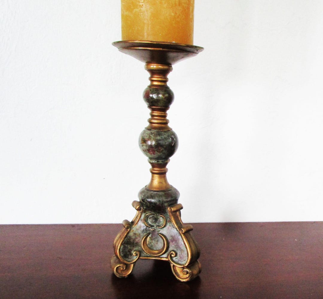 Gold Ornate Pillar Candle Holder 10 Inch With Faux Marble Ornate Heavy ...