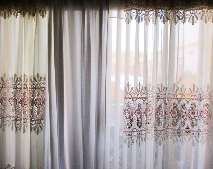 2 Lace Curtain Sheers Lavish Pink Embroidered Flowers 3 Layers Stunning ...