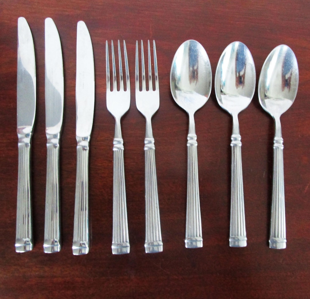 CBS 124 Cambridge Silver Stainless Glossy Flatware Ribbed LOT 8 Pcs ...