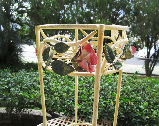 Vintage Plant Stand Roses Tole With Ivory Steel Basket Weave Top 20 ...