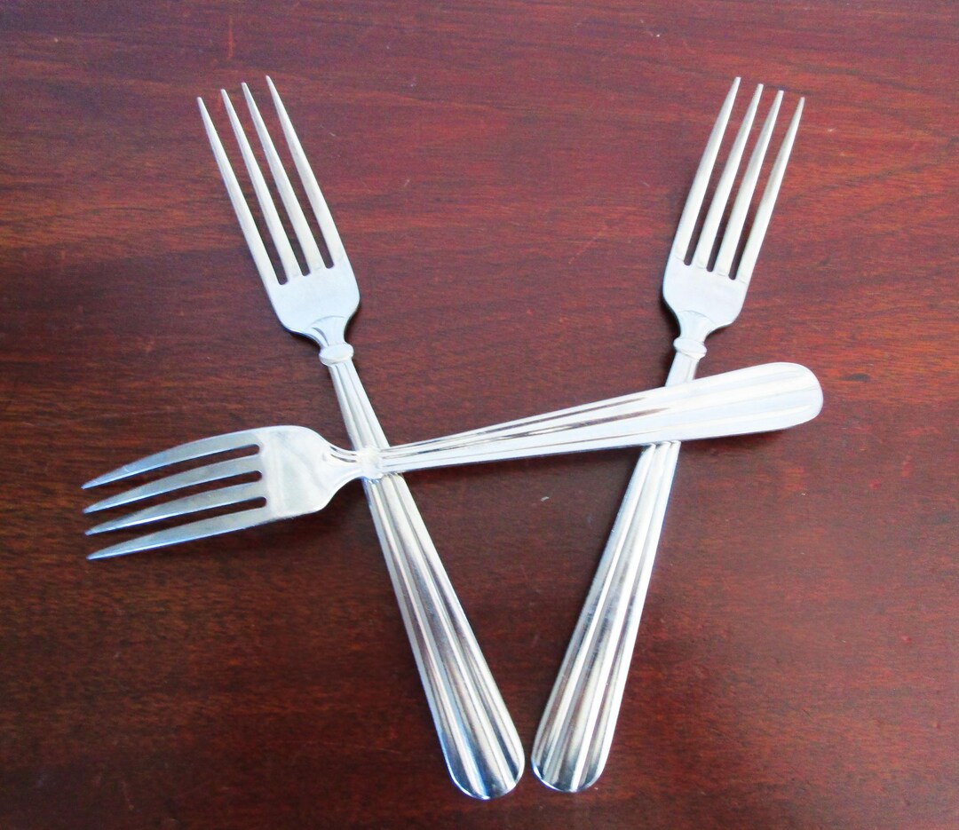 TRIPOLI ONEIDA Stainless 3 Salad Forks Glossy Ribbed USA Flatware 6.75 ...