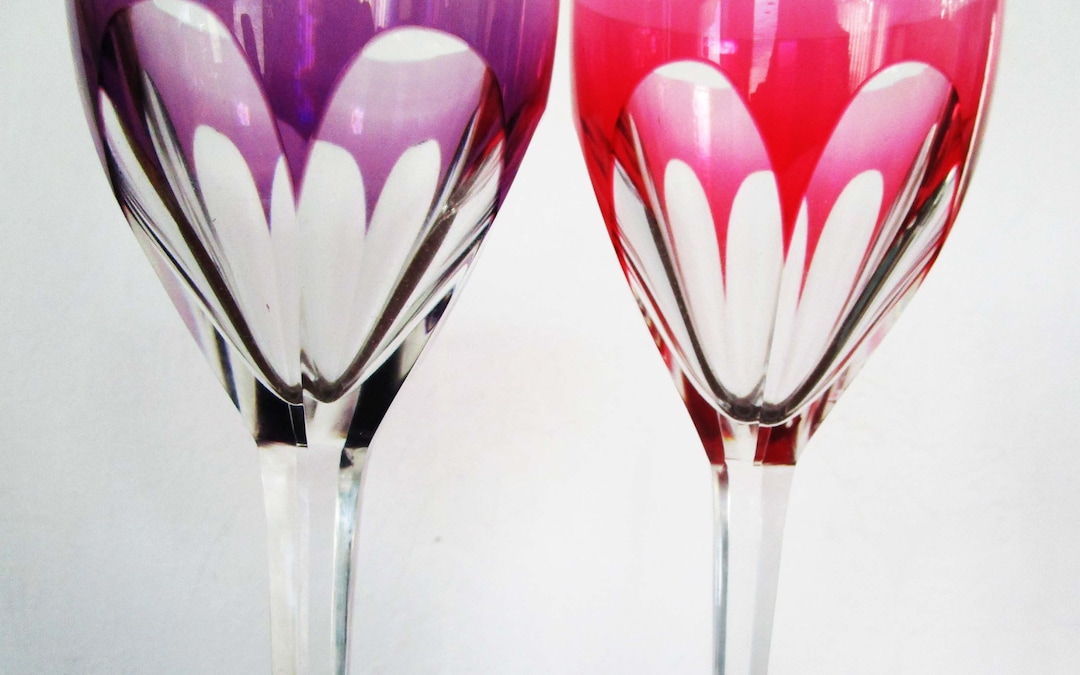 2 Goblets Jewel Toned Tall Glass Cut to Clear Crystal Bohemian Czech ...