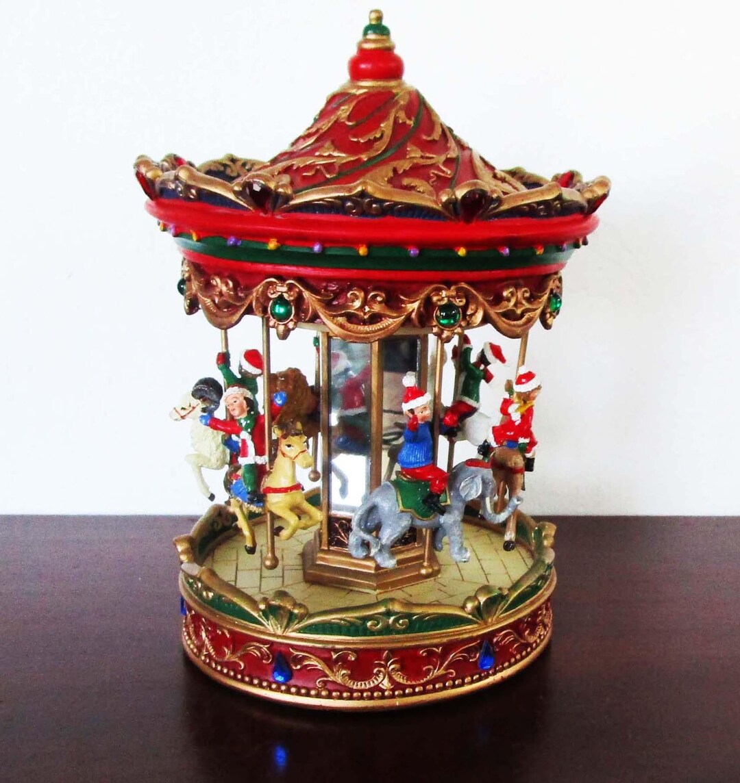Ceramic Merry Go Round Xmas Carousel With 6 Animals, Ram, Lion, Rabbit ...