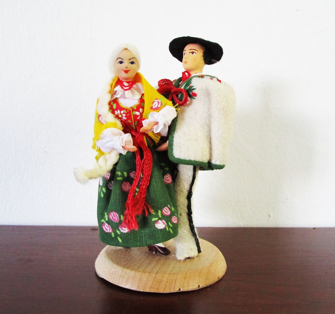 Vintage Polish Handmade Folk Art Lalka Wedding Dolls 5 Inch Wood Base ...