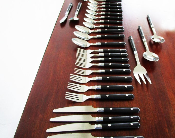 GIBSON Black Handle Flatware Riveted Set 32 Pcs Plus Hostess Set MOST ...