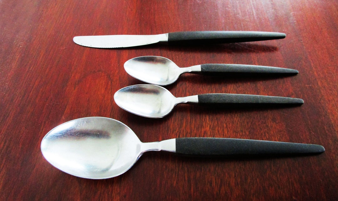 MODERN ELEGANCE Flatware by Stanley Roberts 4 PCS, Danish Modern 1960s Black Wood Composite, Mid ...