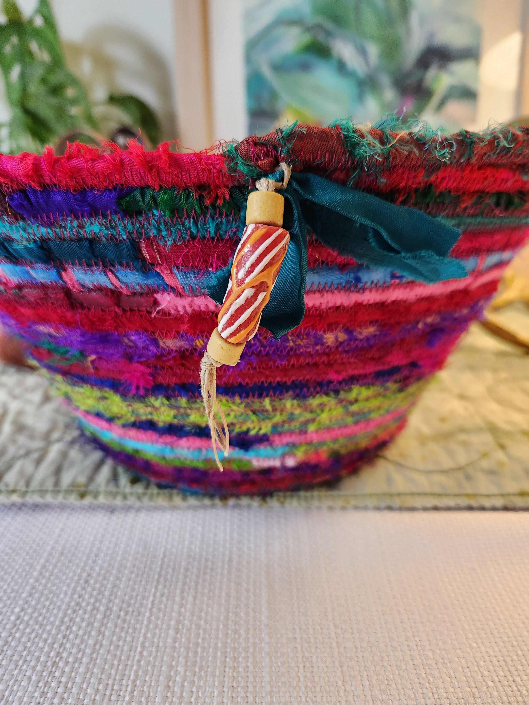 16-handmade Multi-colored Fabric Bowl With Recycled Silk Trim and ...