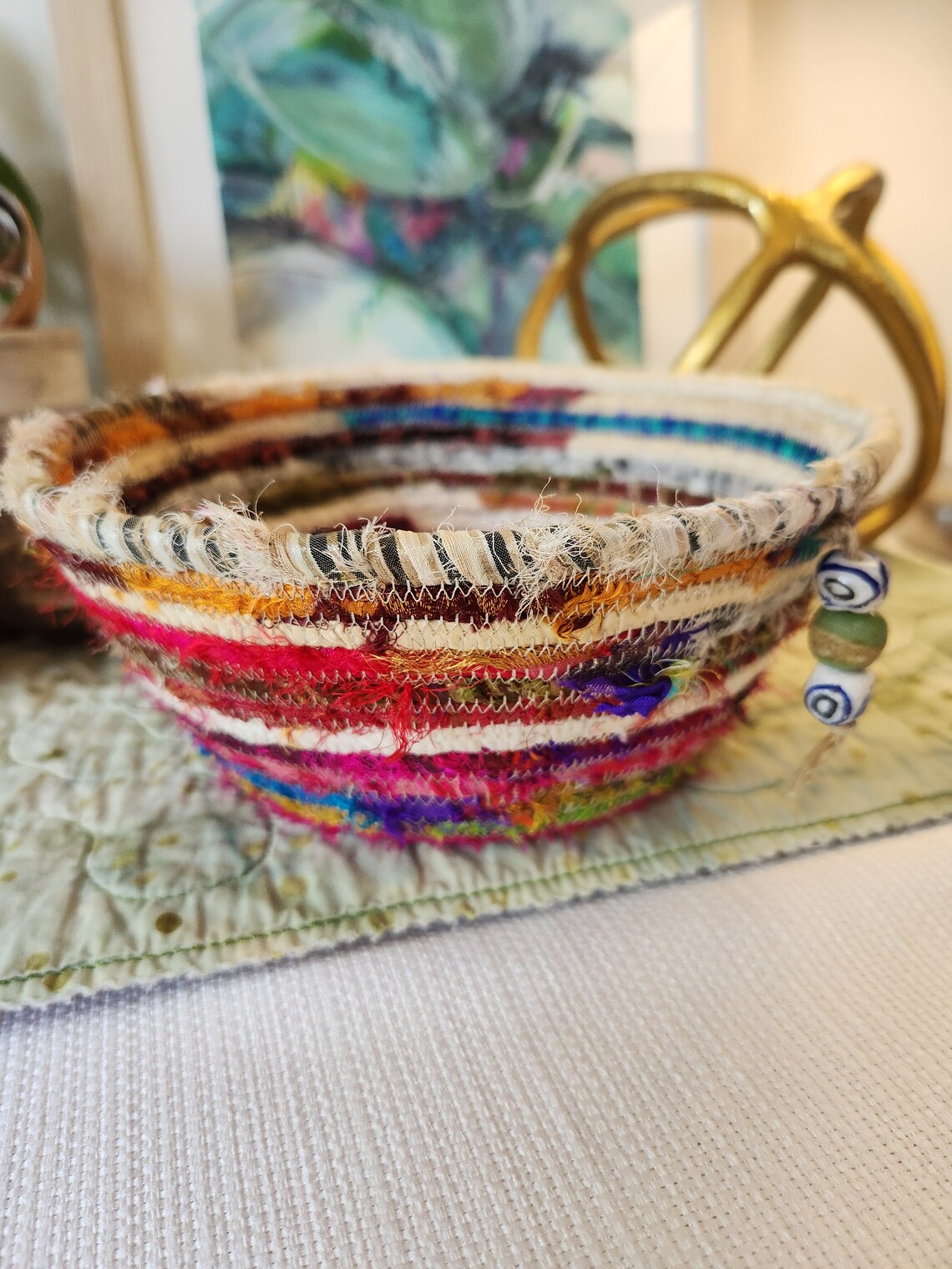 13-handmade Multi-colored Fabric Bowl With Recycled Silk Trim and ...