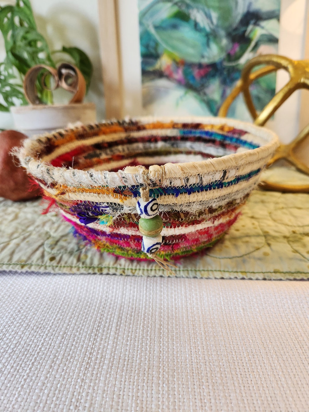 13-handmade Multi-colored Fabric Bowl With Recycled Silk Trim and ...