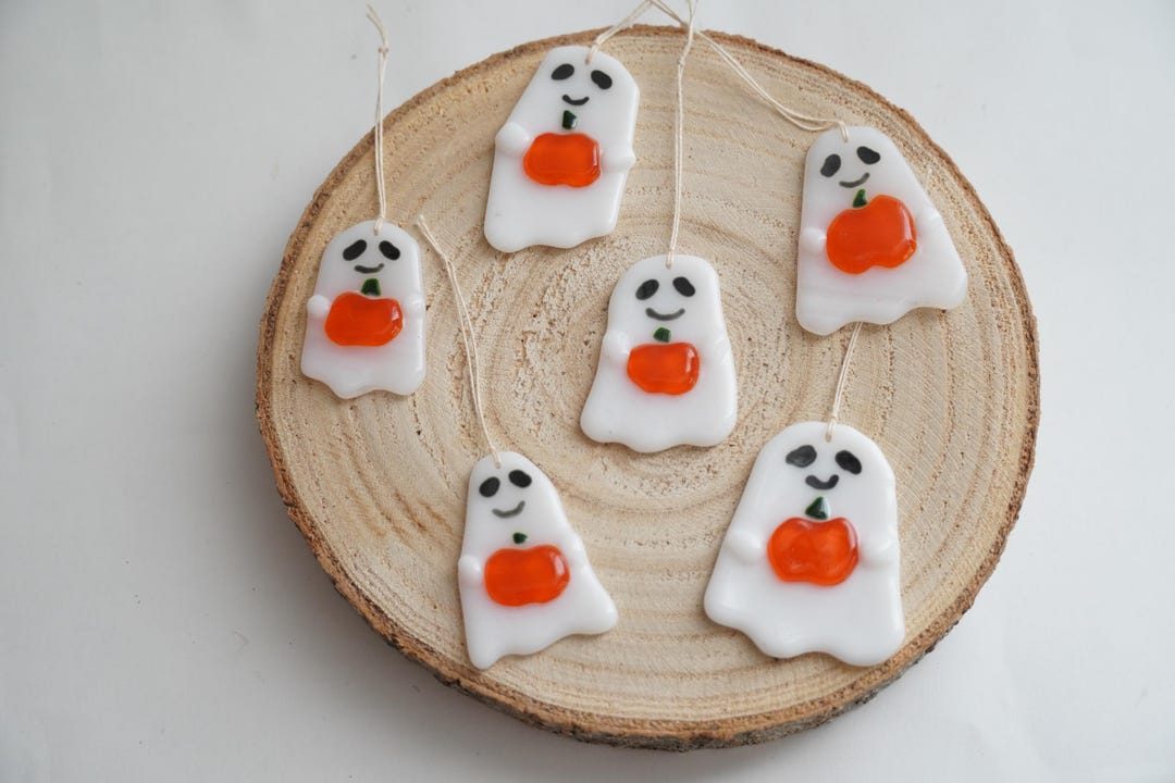 Fused Glass Ghost Ornament | Ghost Holding Pumpkin - Etsy