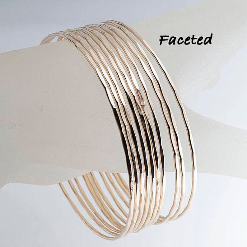 14K Gold Bangles, Faceted Hammered Bangles, Handmade Bangles, Dainty ...