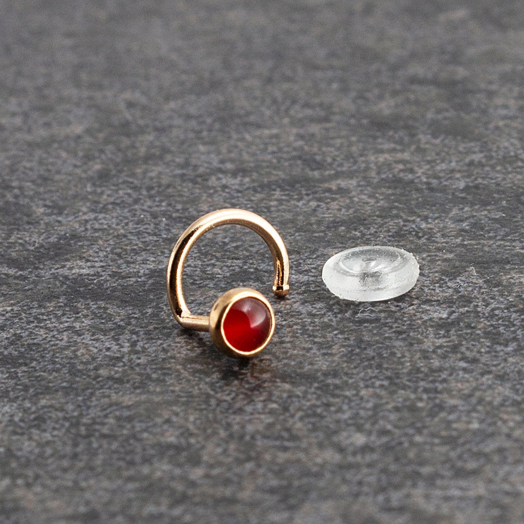 14K Solid Gold Deep Red Carnelian Stone Nose Stud, 20GA Nostril Screw ...