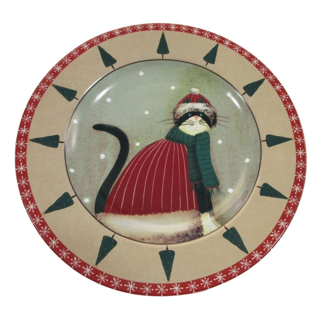 Sakura Fiddlestix Holiday Cat Red Coat Hat Stoneware Holly Rim Salad ...