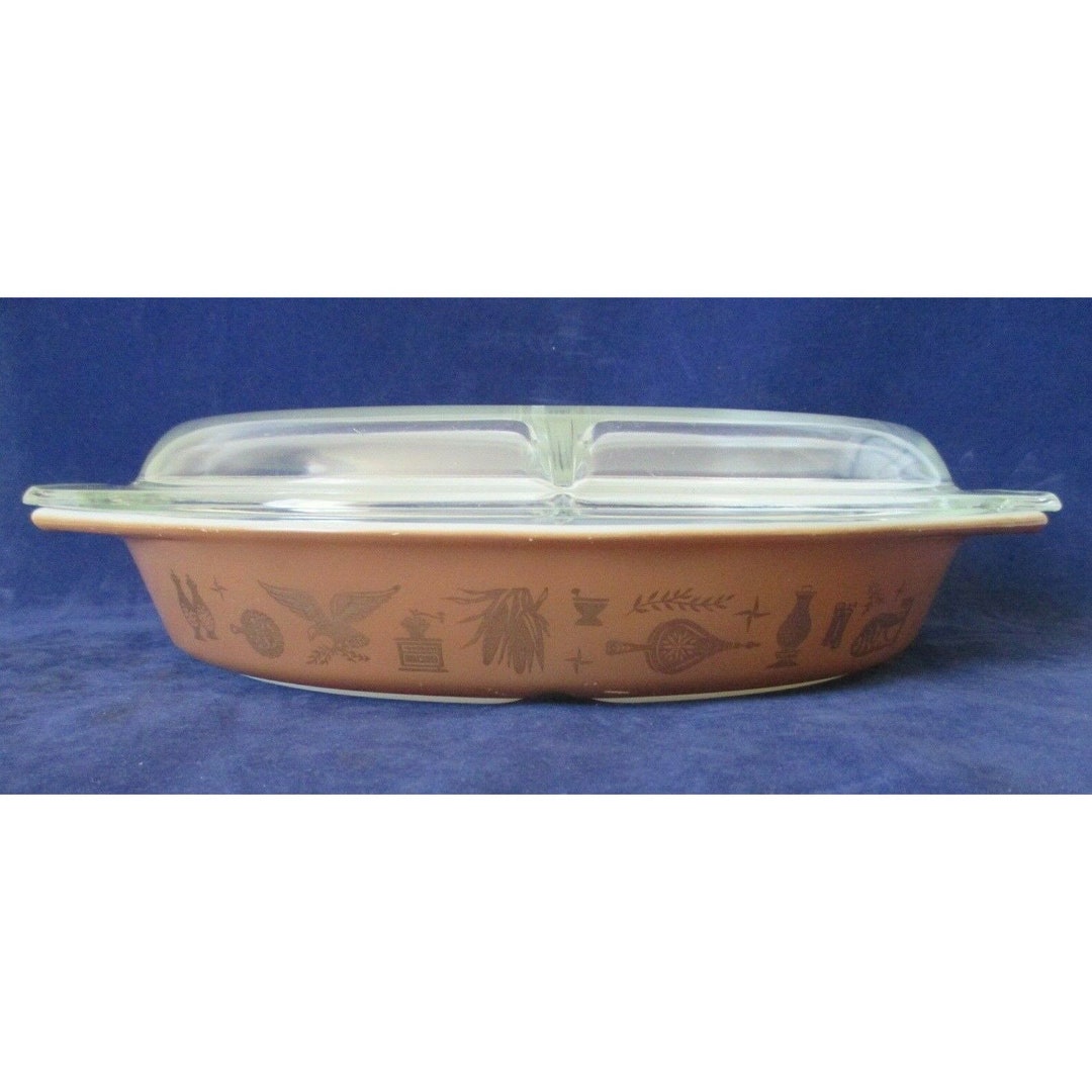 Vintage Pyrex Early American Divided Baking Dish Casserole W/lid Gold ...