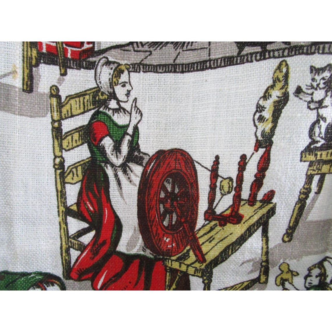 Vintage Colonial Spinning Wheel Hearth Cat Linen Tea Towel by Dolly ...