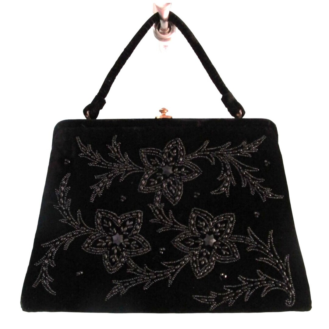 Vintage Soure Bag Beaded Velvet Framed Handbag. Jet Black Beads in a ...