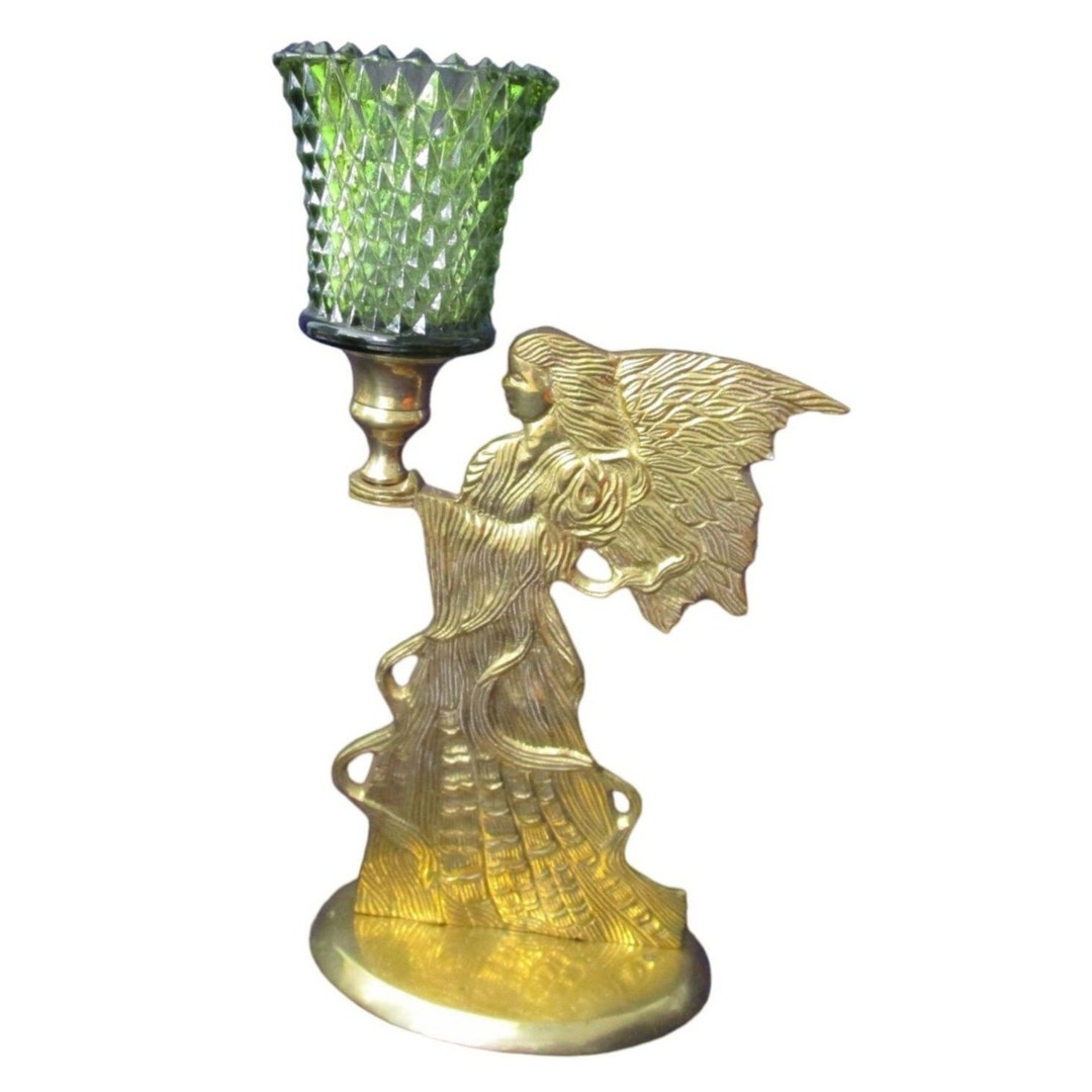 Brass Angel Candle Holder Modified Green Glass Diamond Point Votive ...