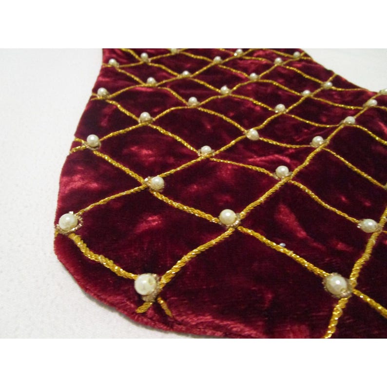 Mark Roberts Burgundy Velvet Christmas Stocking Gold Pearl Accent GUC ...
