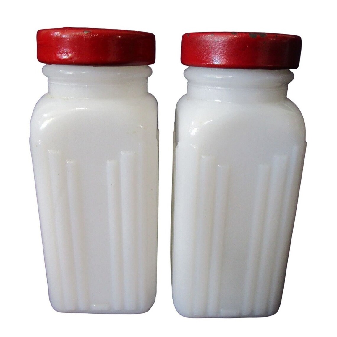 Art Deco Milk Glass Spice Jars No Labels Two Unmarked Vintage Red Screw ...