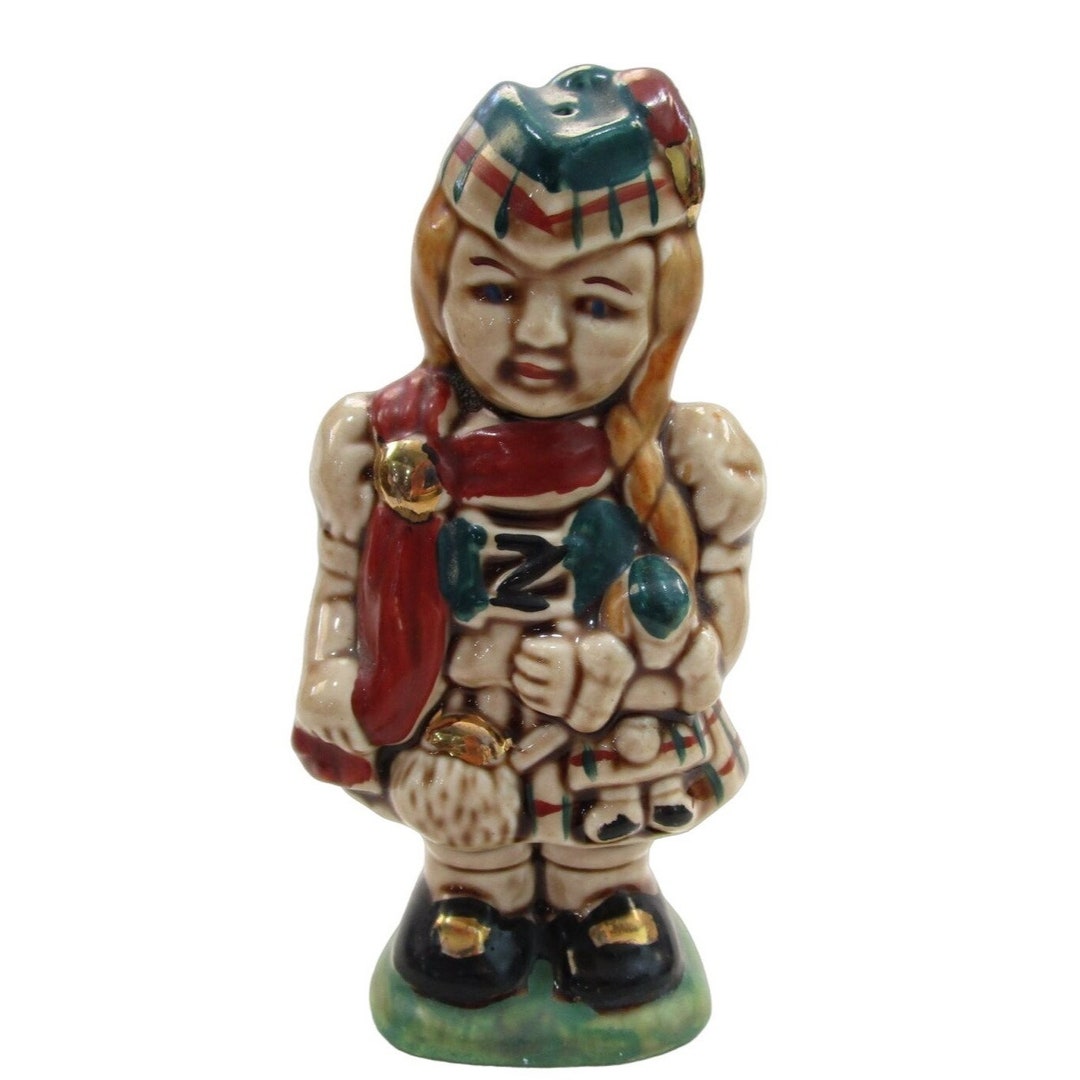 Vintage Scottish Lass Girl in Kilt With Doll Salt Pepper Shaker Cork ...