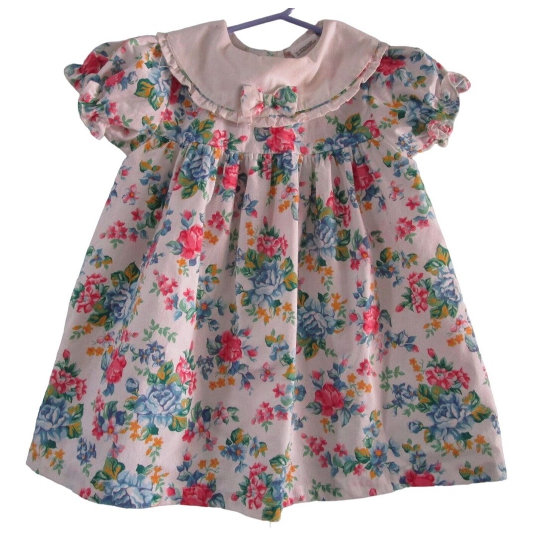Rose Floral Print Bow Accent Puff Sleeve 24M Dress Vintage Catton ...